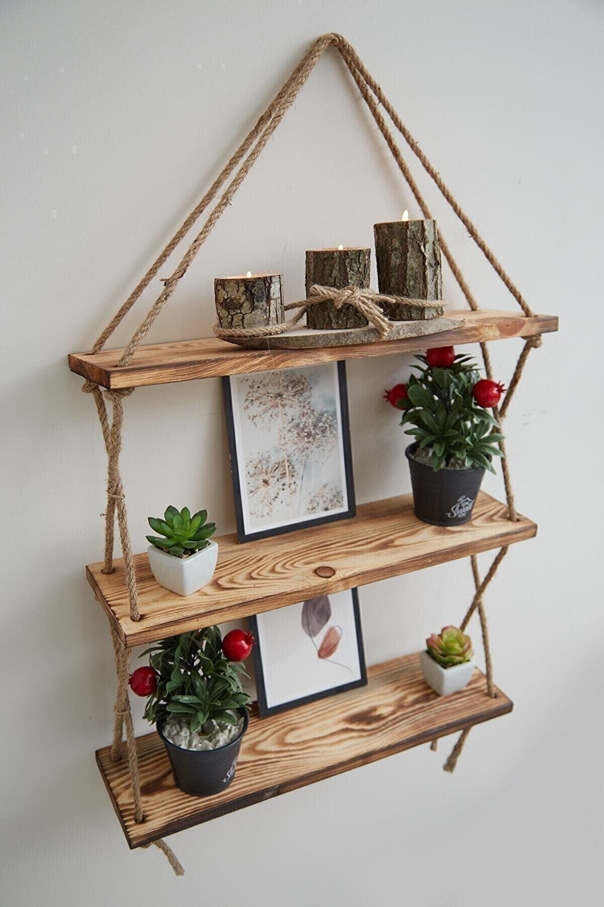 Rope Floating Shelves Wood Set of 3, Wall Rope Shelves, Tiered Wall ...