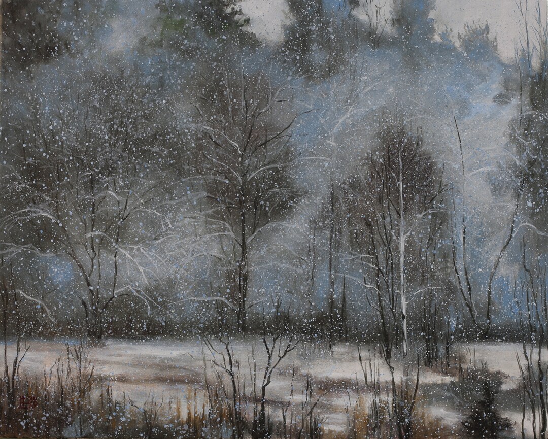 Snowfall Original Oil Painting in Canvas Winter Woods Landscape 40x50cm ...