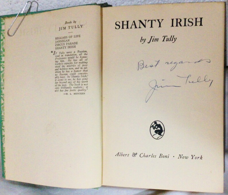 Shanty Irish-jim Tully-first Edition-1928-author Signed Inside Cover-hardback-vintage Book - Etsy