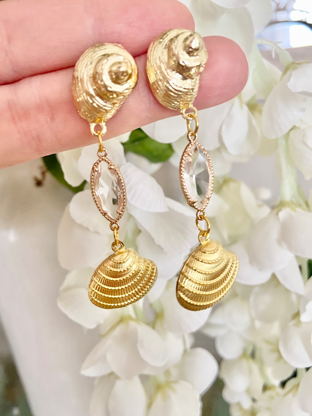Gold Spiral Conch Seashell Shell Stud Clear Glass Crystal Dangle ...