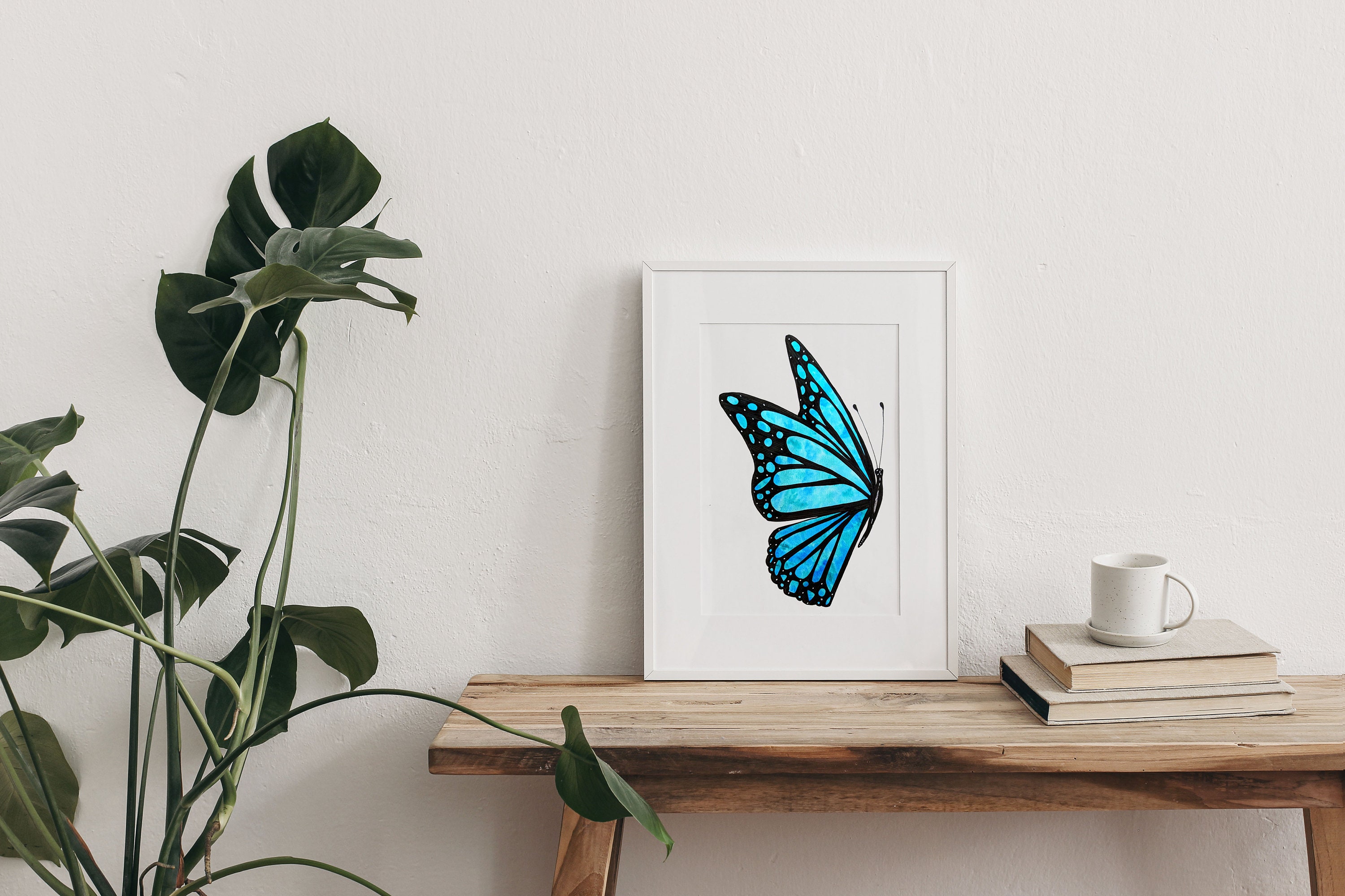Sideways Blue Butterfly Watercolor | Ink and Wash Butterfly Wall Art ...
