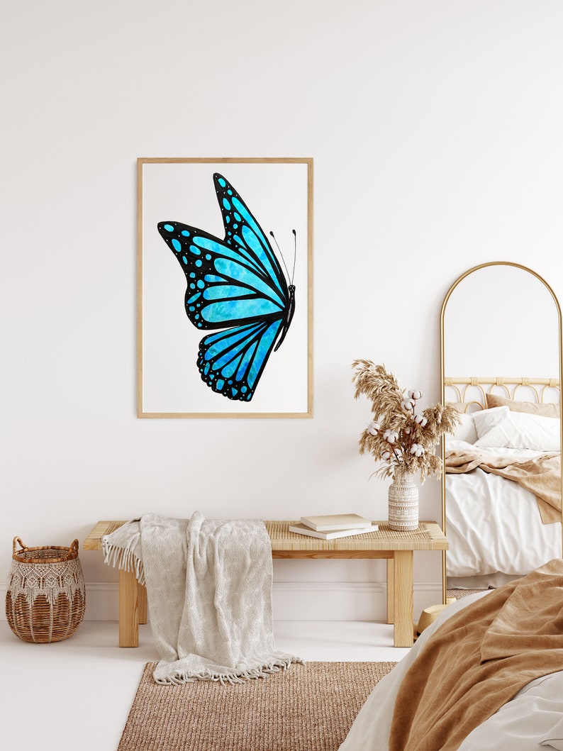 Sideways Blue Butterfly Watercolor Ink and Wash Butterfly Wall Art ...