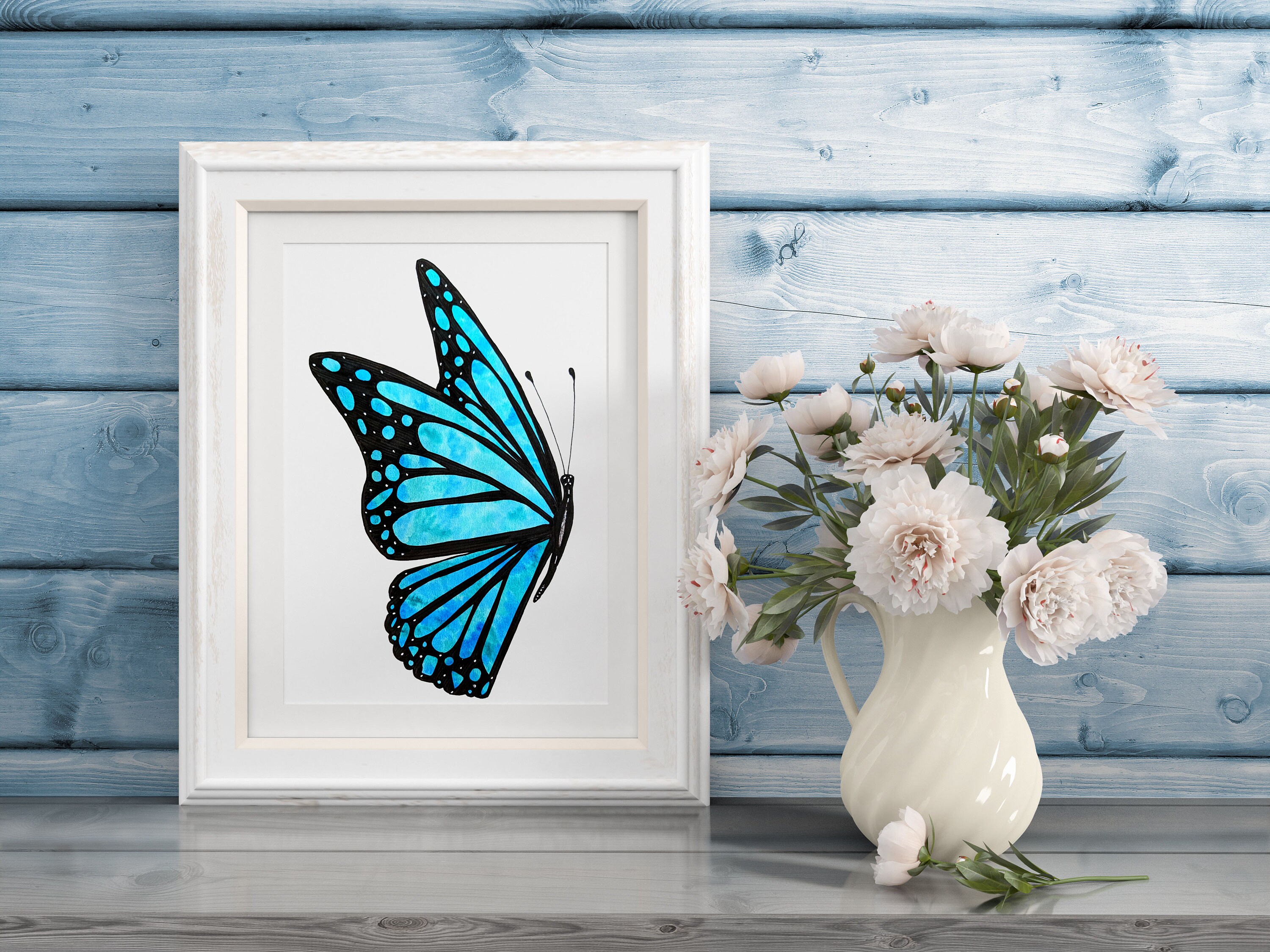Sideways Blue Butterfly Watercolor | Ink and Wash Butterfly Wall Art ...