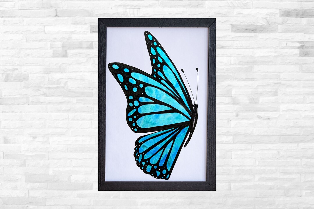 Sideways Blue Butterfly Watercolor | Ink and Wash Butterfly Wall Art ...