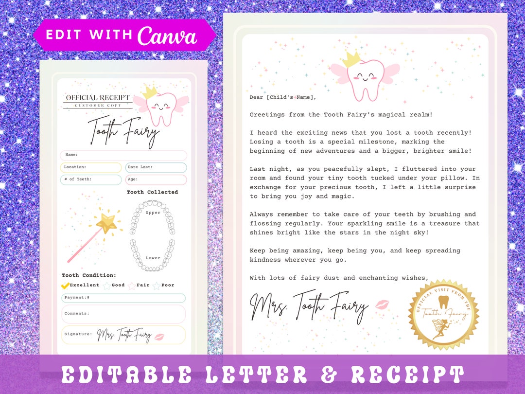 Editable Tooth Fairy Letter Receipt Printable Note for Lost Tooth for ...