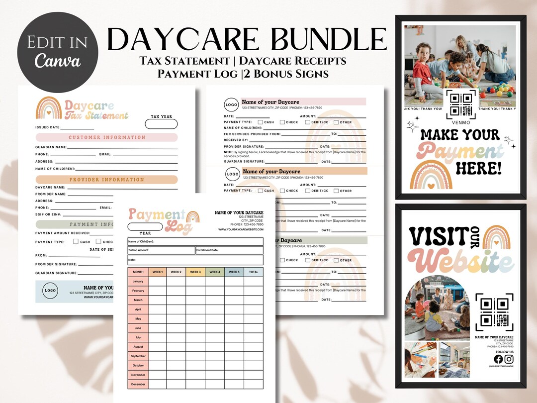 Daycare Bundle Editable, Childcare Tax Statements Receipts Payment Log ...