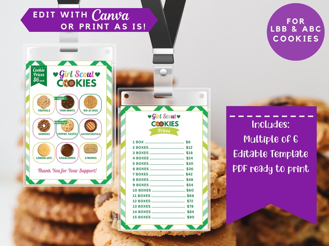 2025 Girl Scout Cookie Lanyard, Printable LBB ABC Price Menu, Cookie ...