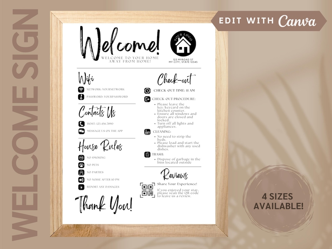 Welcome Sign for Short Term Rentals, Editable Airbnb Template Printable ...