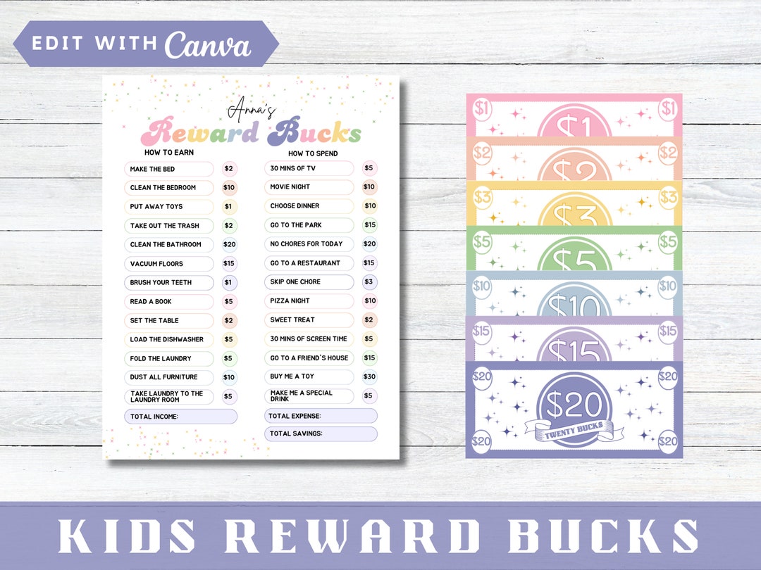 Chore Behavior Chart Editable Kids Reward Bucks, Printable Reward ...