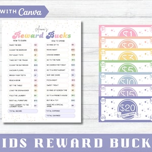 Chore Behavior Chart Editable Kids Reward Bucks, Printable Reward ...