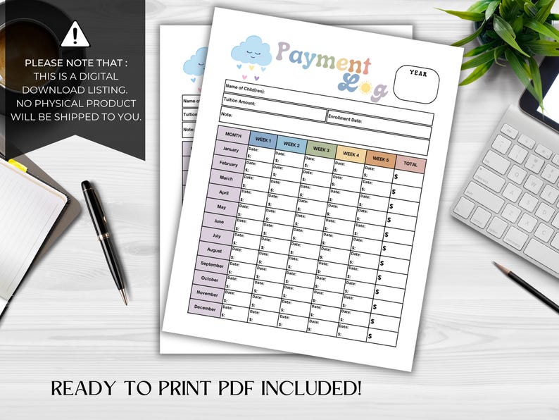Daycare Payment Record Log, Editable Childcare Tuition Payment Tracker ...
