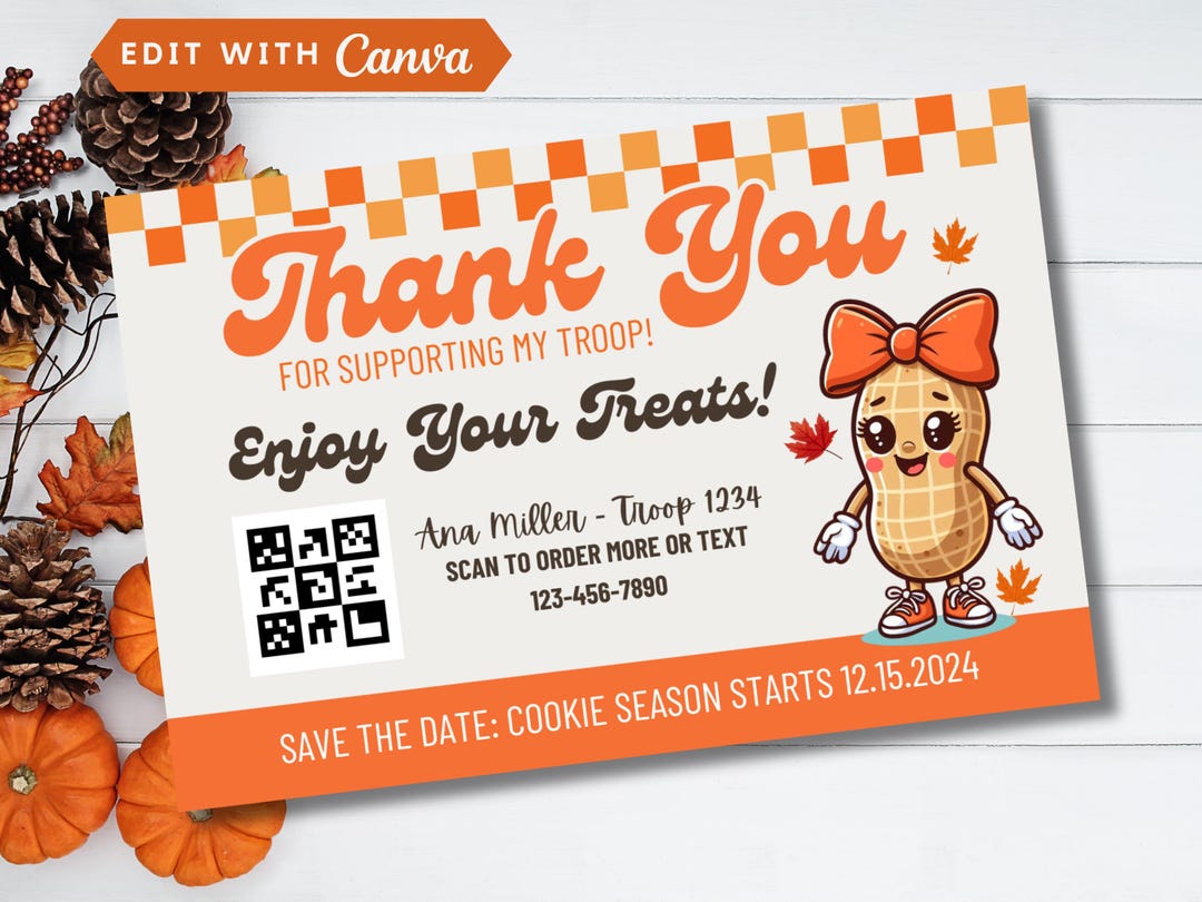 Girl Scout Fall Product Editable Thank You Card 2024 Receipt, QR Code ...