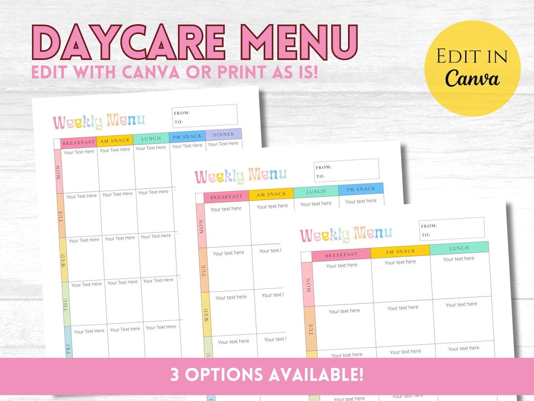 Daycare Weekly Menu Editable, Homeschool Printable Meal Planner for ...