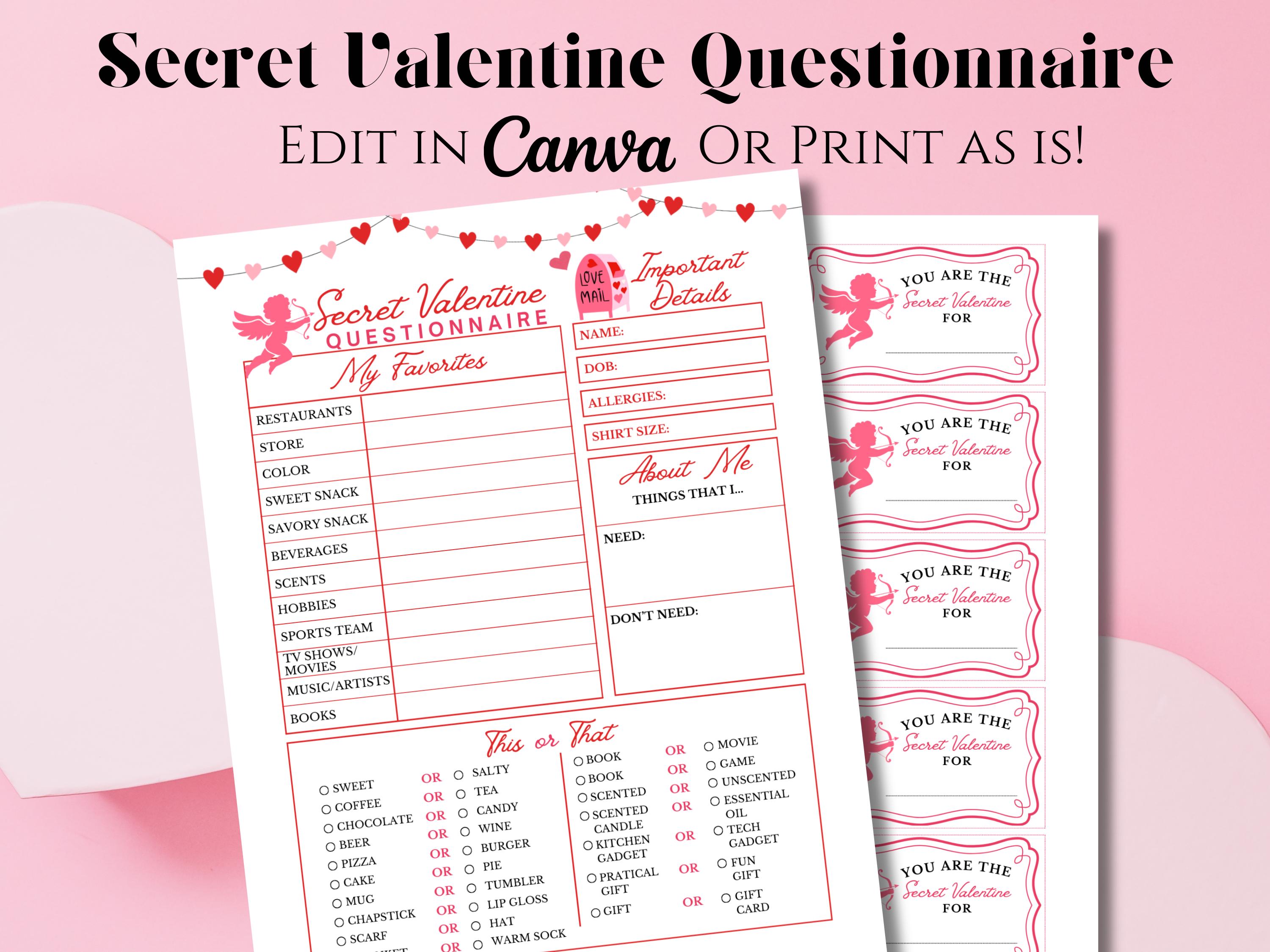 Editable Secret Valentine Questionnaire Printable | Valentine Gift ...