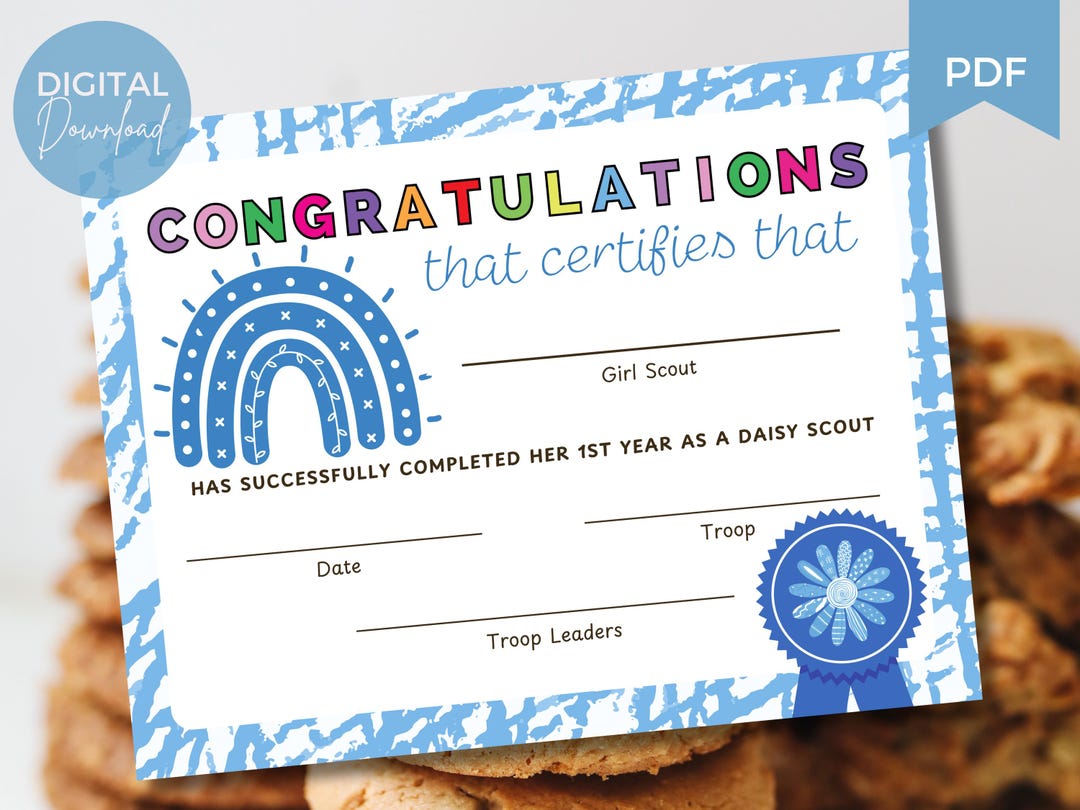 Printable Girl Scout Cookie Award Certificate Daisy | Troop Completion ...