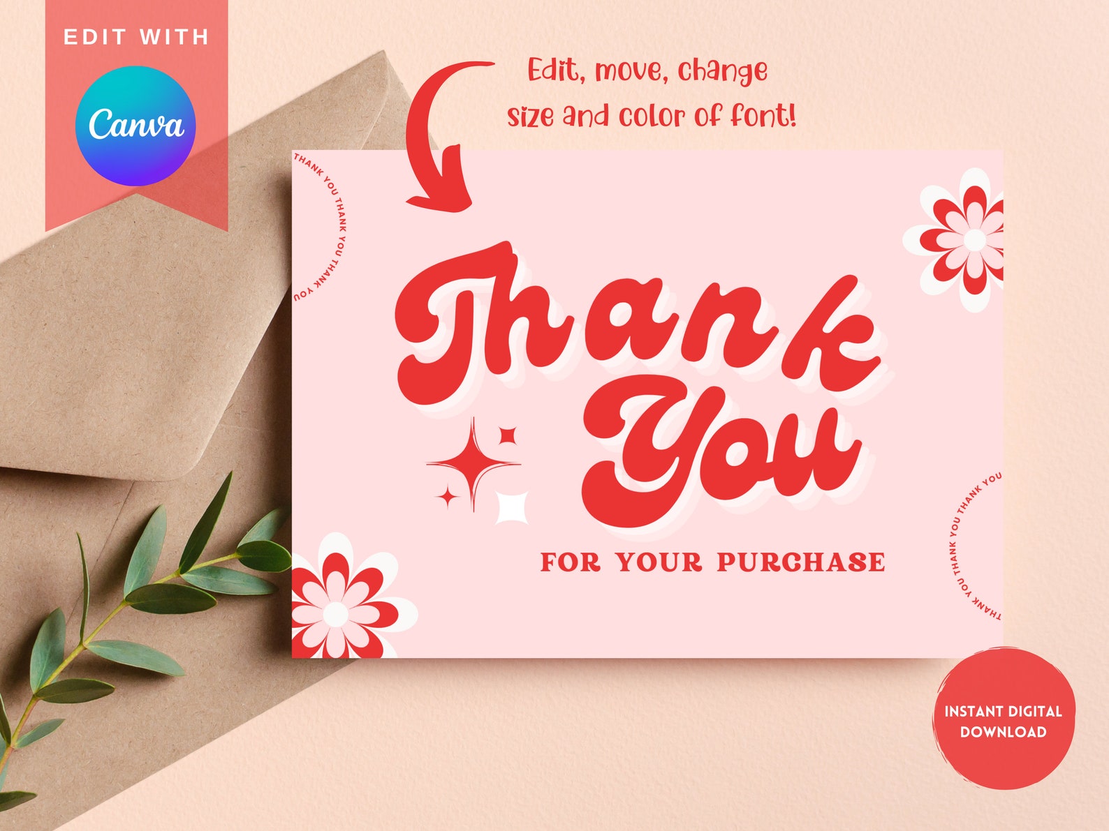 Editable Retro Pink Small Business Thank You for Your Purchase Package ...