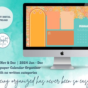 2024 Retro Desktop Wallpaper Organizer Calendar, Blue Yellow Daisy ...