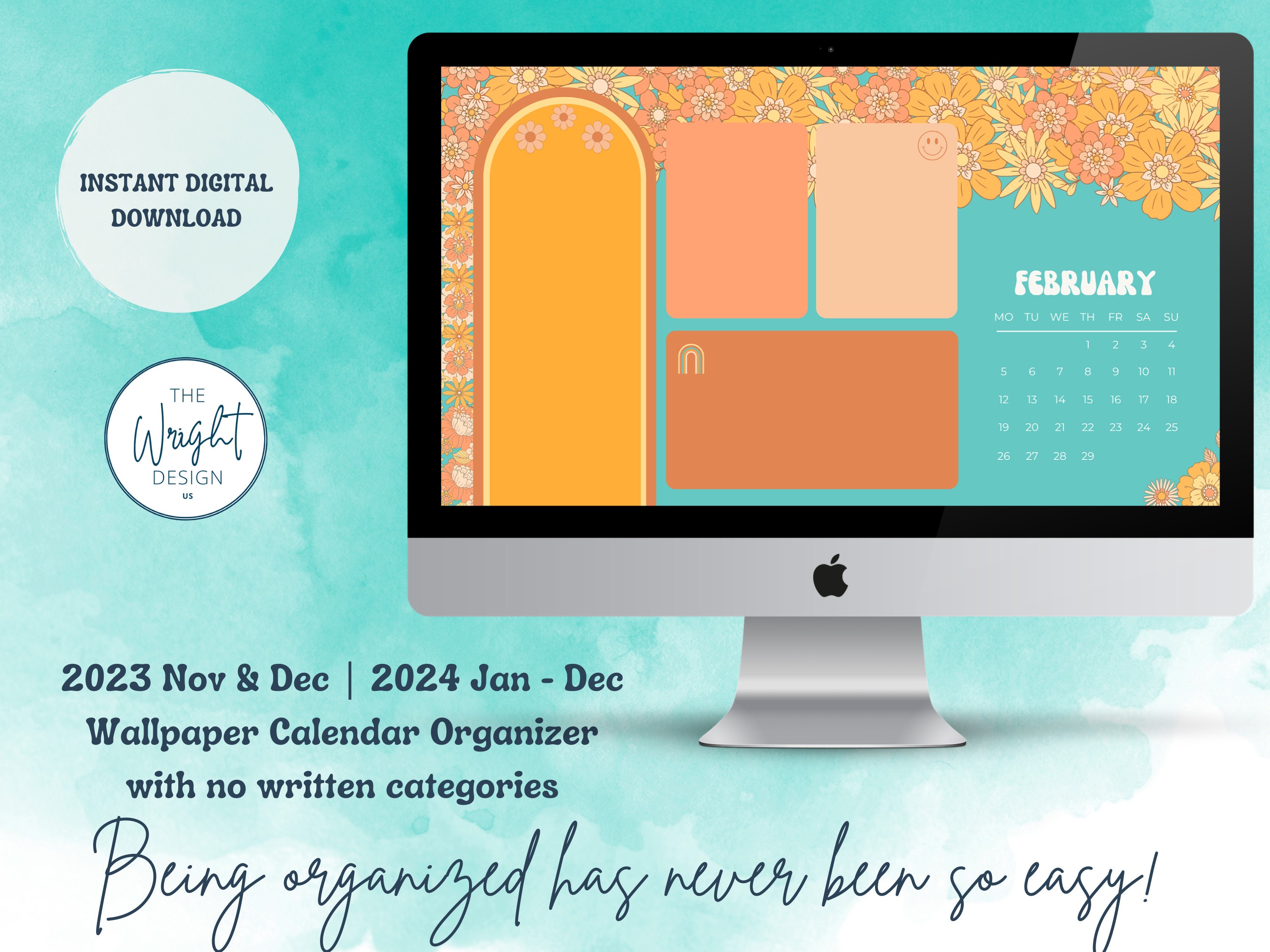 2024 Retro Desktop Wallpaper Organizer Calendar Blue Yellow - Etsy