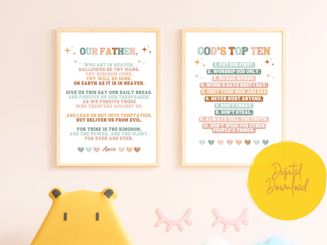 Set of 2 Kid Boho Christian Posters, Lords Prayer, 10 Commandments ...