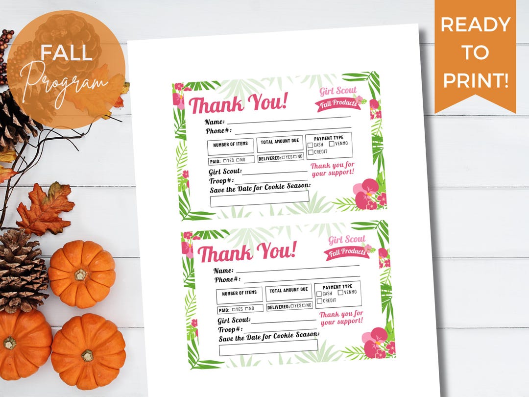 Girl Scout Fall Product Order Form Receipt, 2024 Printable Thank You ...