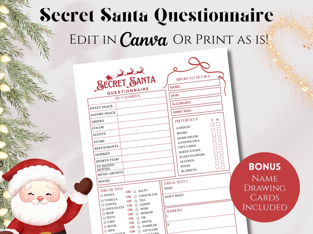 Editable Secret Santa Questionnaire Printable | Christmas Gift Exchange ...