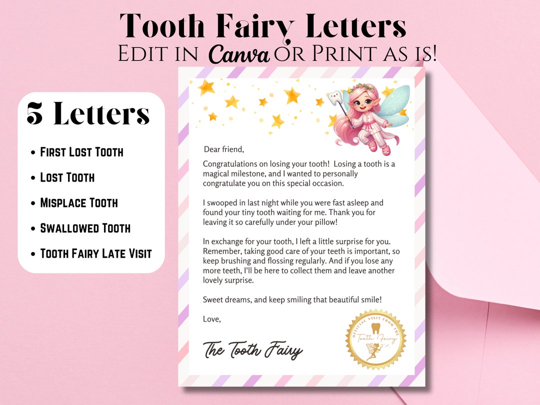 Editable Printable Tooth Fairy Letters, Five Templates, First Another ...