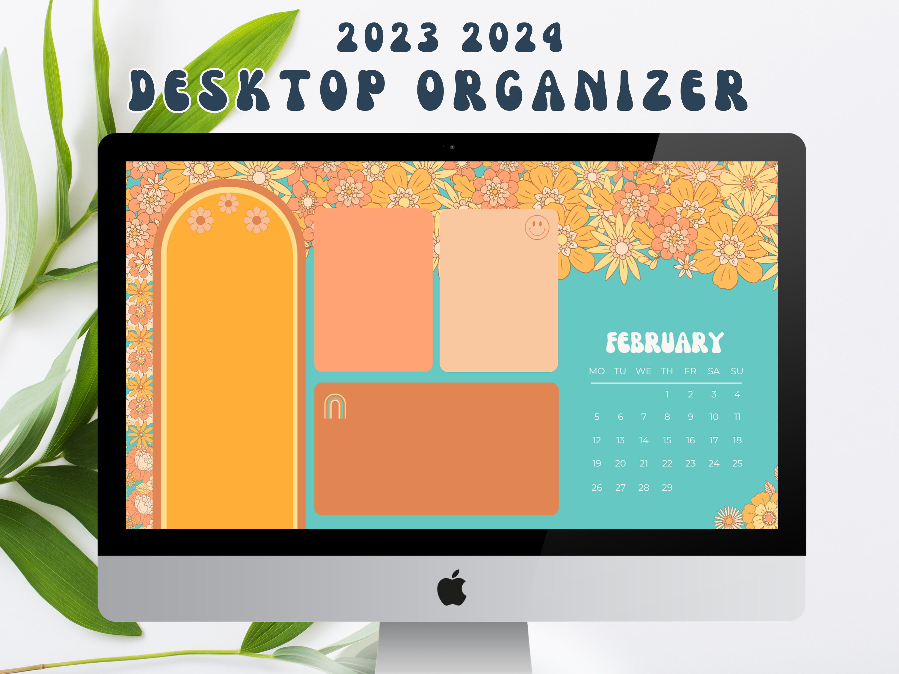 2024 Retro Desktop Wallpaper Organizer Calendar Blue Yellow - Etsy