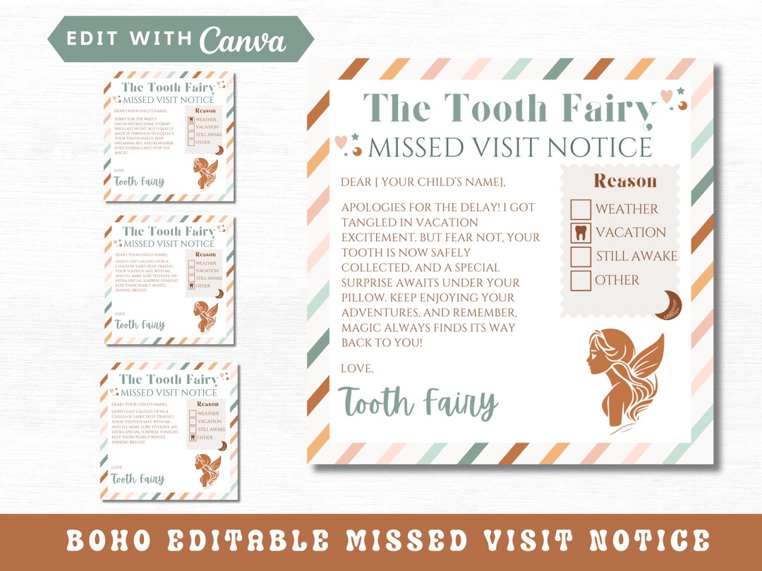 Editable Tooth Fairy Letter Late Visit Notice Boho Printable Note for ...