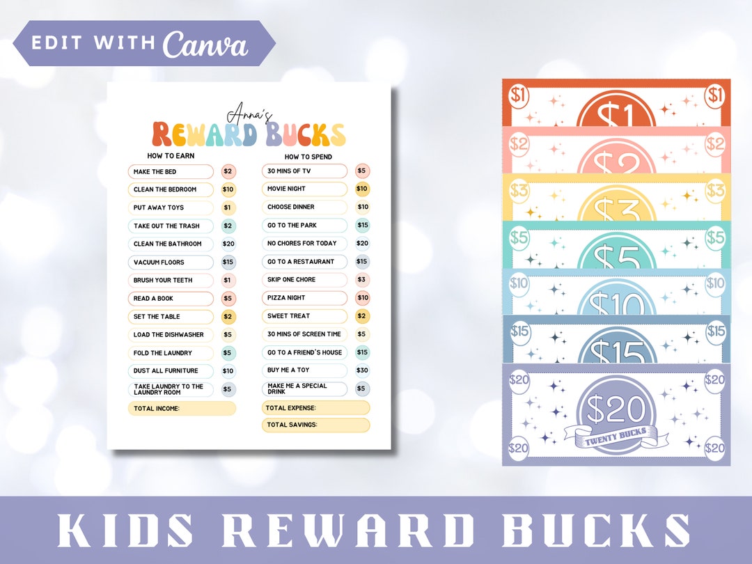 Chore Behavior Chart Editable Kids Reward Bucks, Printable Reward ...