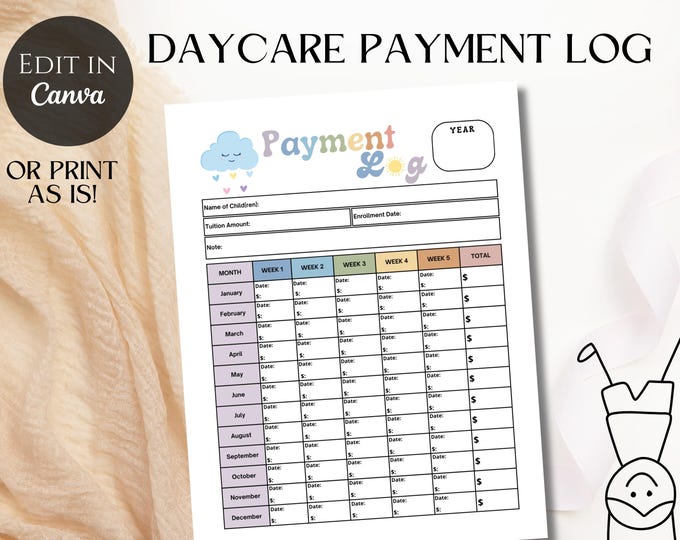 Daycare Payment Log, Daycare Forms, in Home Daycare Payment Record ...