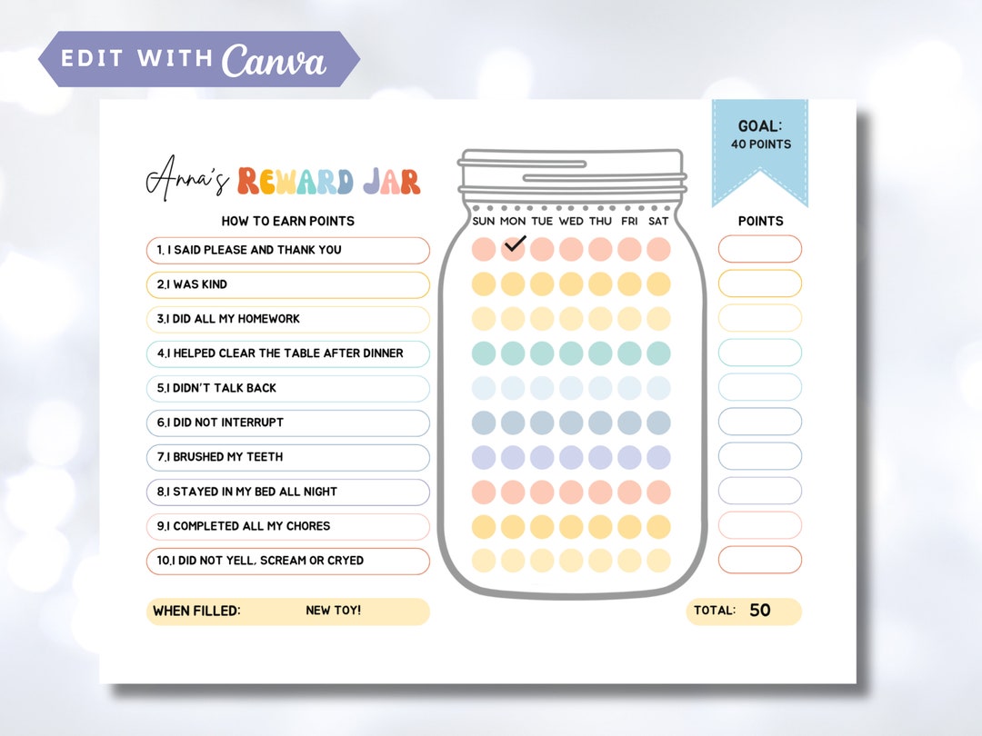 Editable Kids Behavior Chore Chart Jar Printable Reward System - Etsy