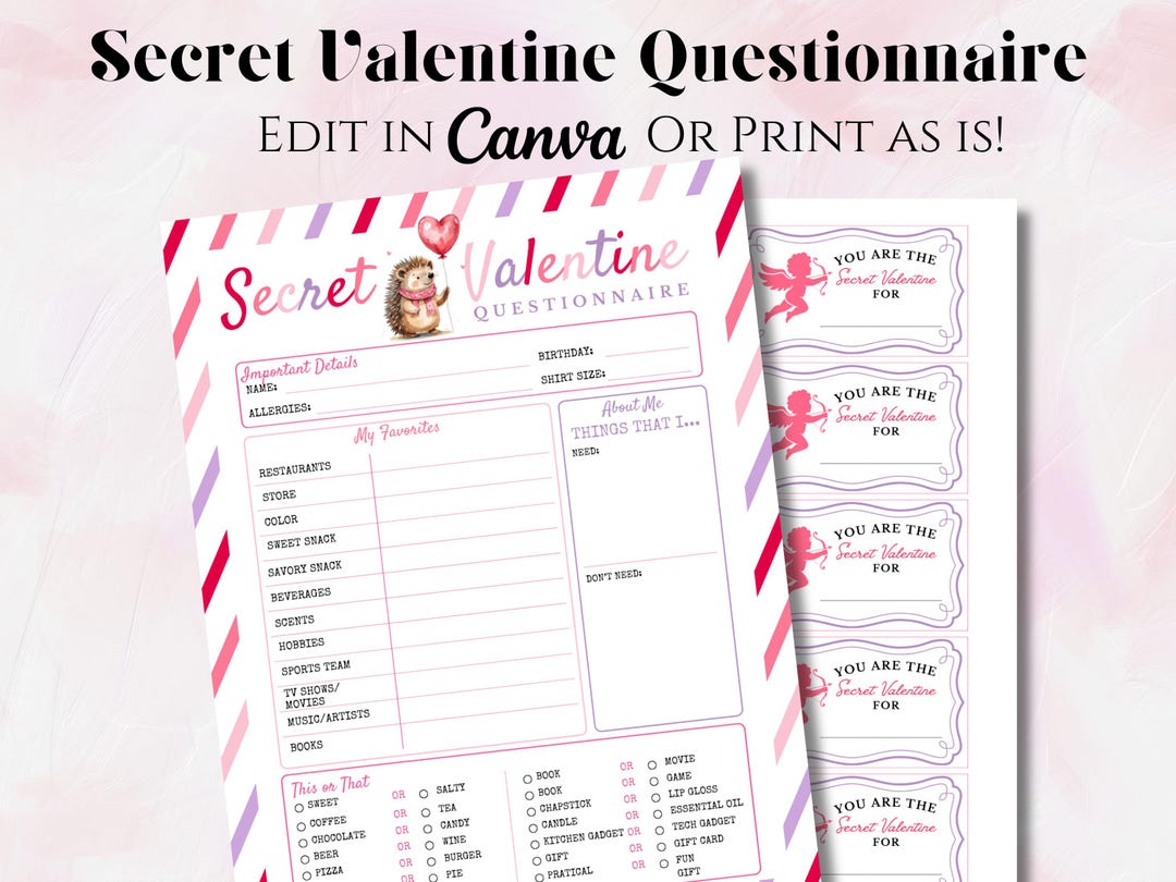 Editable Secret Cupid Questionnaire Printable | Valentine Gift Exchange ...