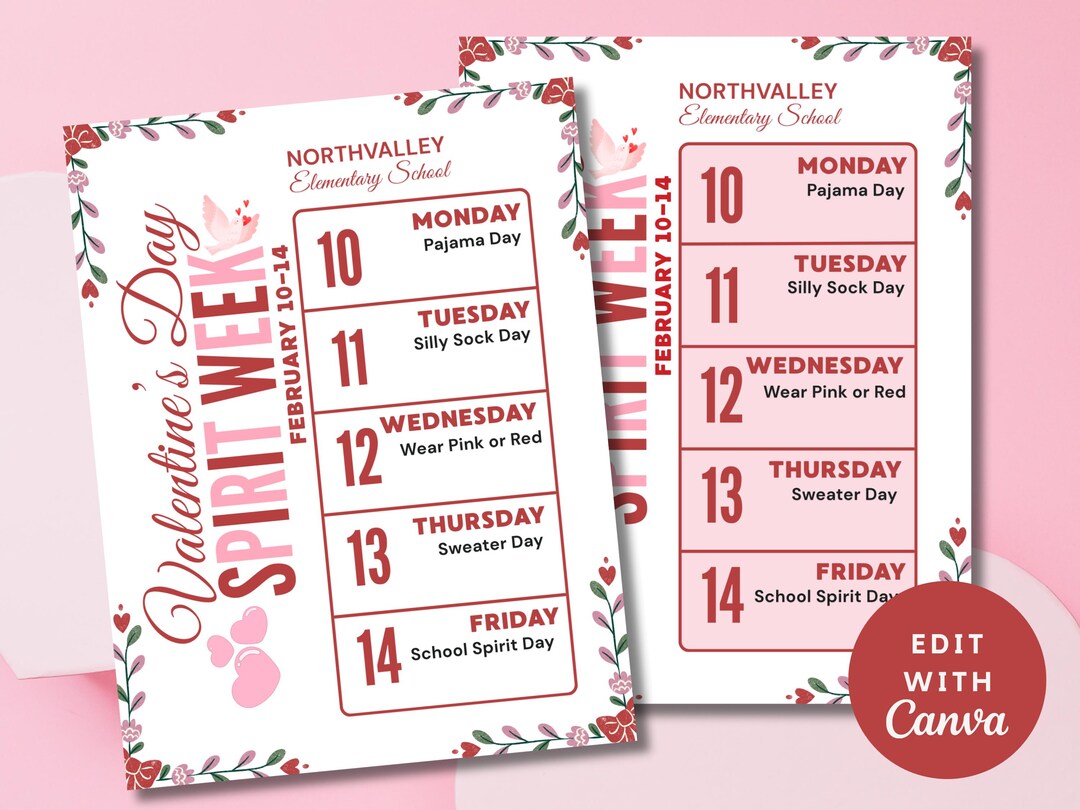 Valentine’s Day Spirit Week Flyer Editable | School Spirit Week ...