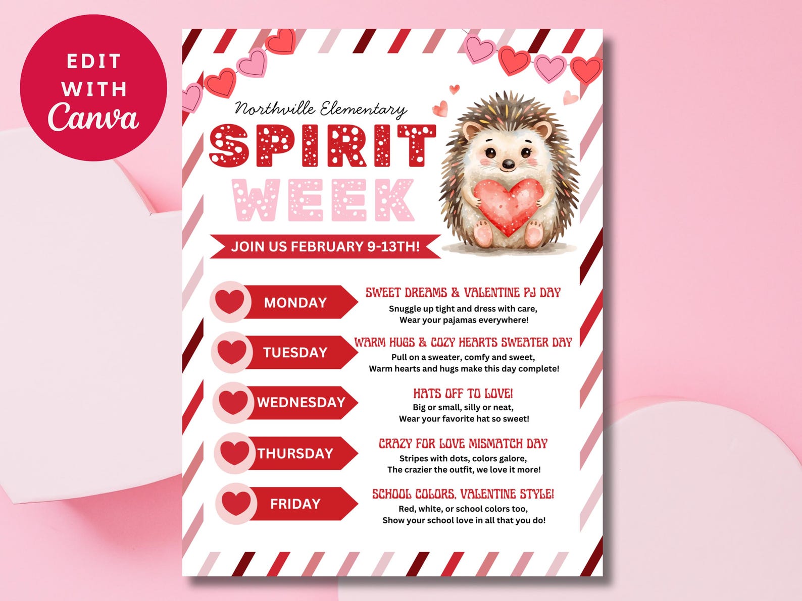Valentines Day Spirit Week Flyer Editable | School Spirit Week Schedule ...
