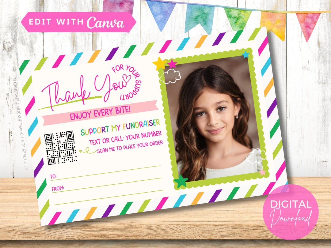 Youth Fundraiser Thank You Card, Printable Bake Sale Delivery Tag QR ...