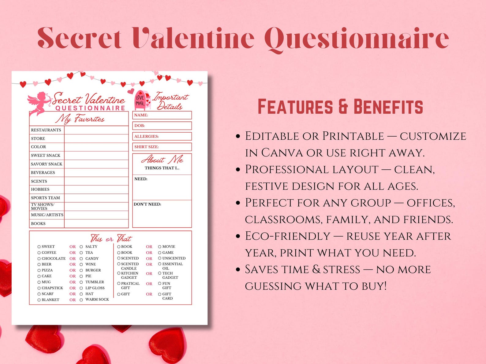 Editable Secret Valentine Questionnaire Printable | Valentine Gift ...