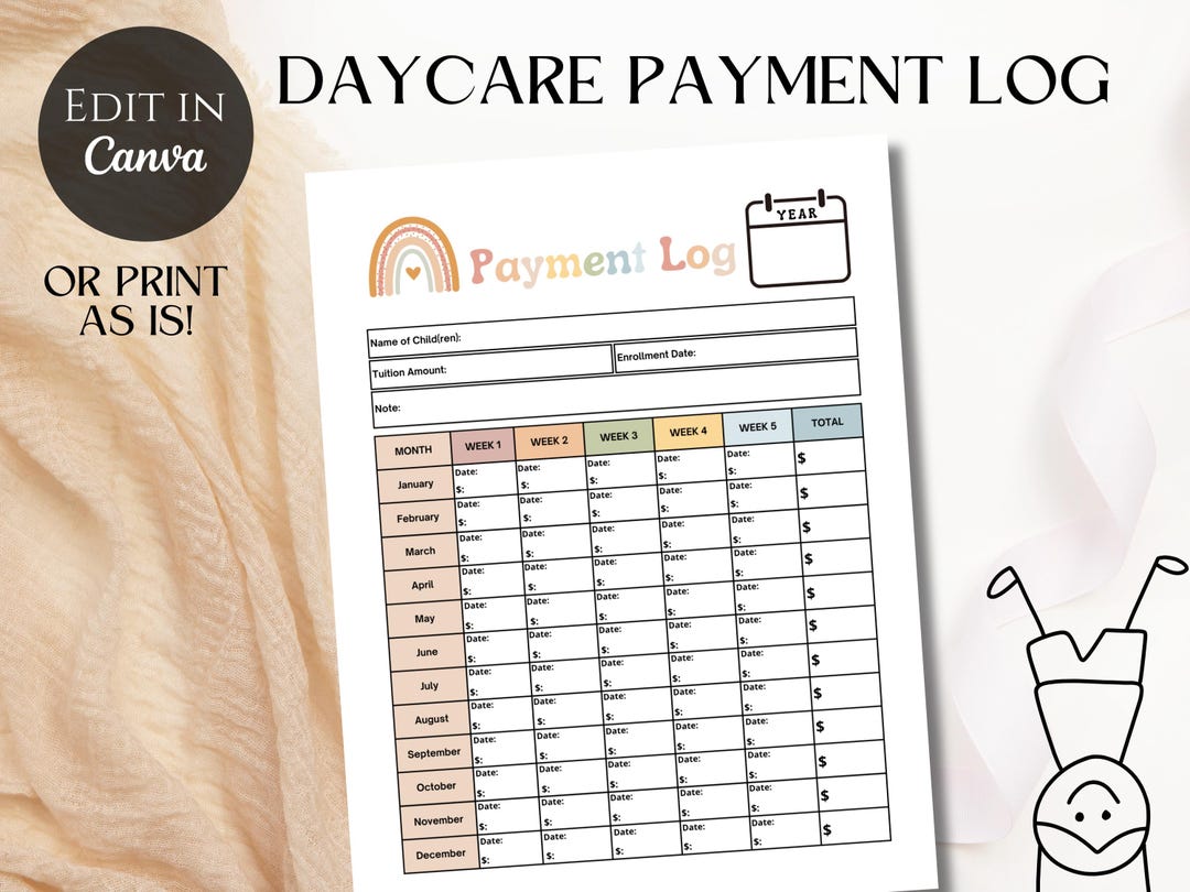 Editable Daycare Payment Record Log, Printable Childcare Tuition ...