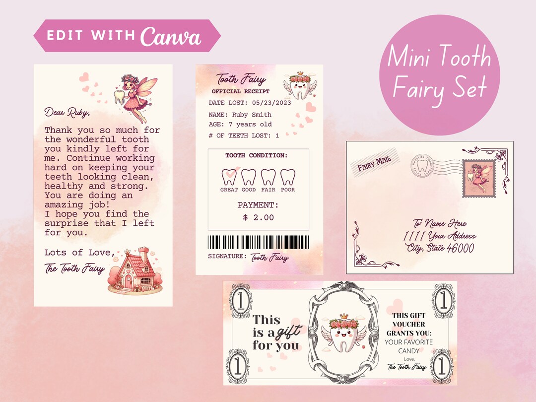 Vintage Editable Mini Tooth Fairy Note Receipt Letter Kit Set With Gift ...