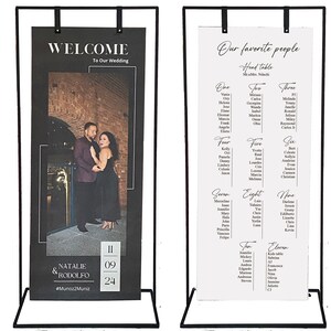 Wedding Welcome Sign With Stand, Metal Stand, Black and White Curtain ...