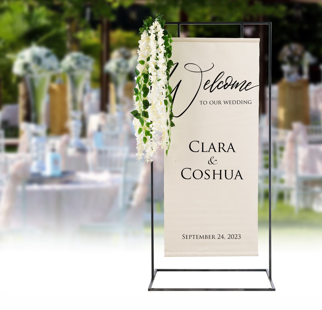 White Curtain Wedding Welcome Sign With Stand, Curtain Print Welcome ...