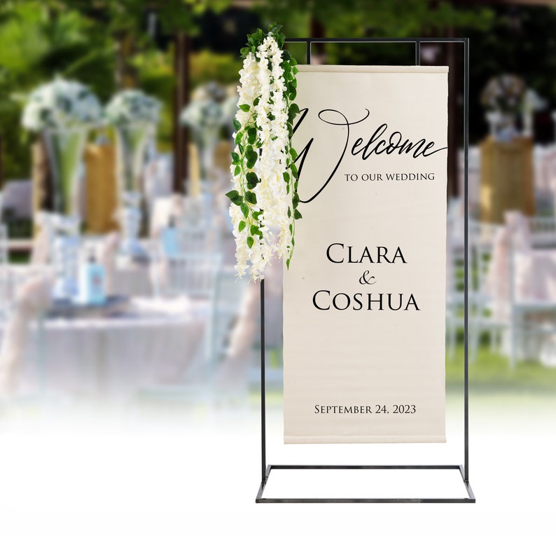 White Curtain Wedding Welcome Sign With Stand Curtain Print - Etsy