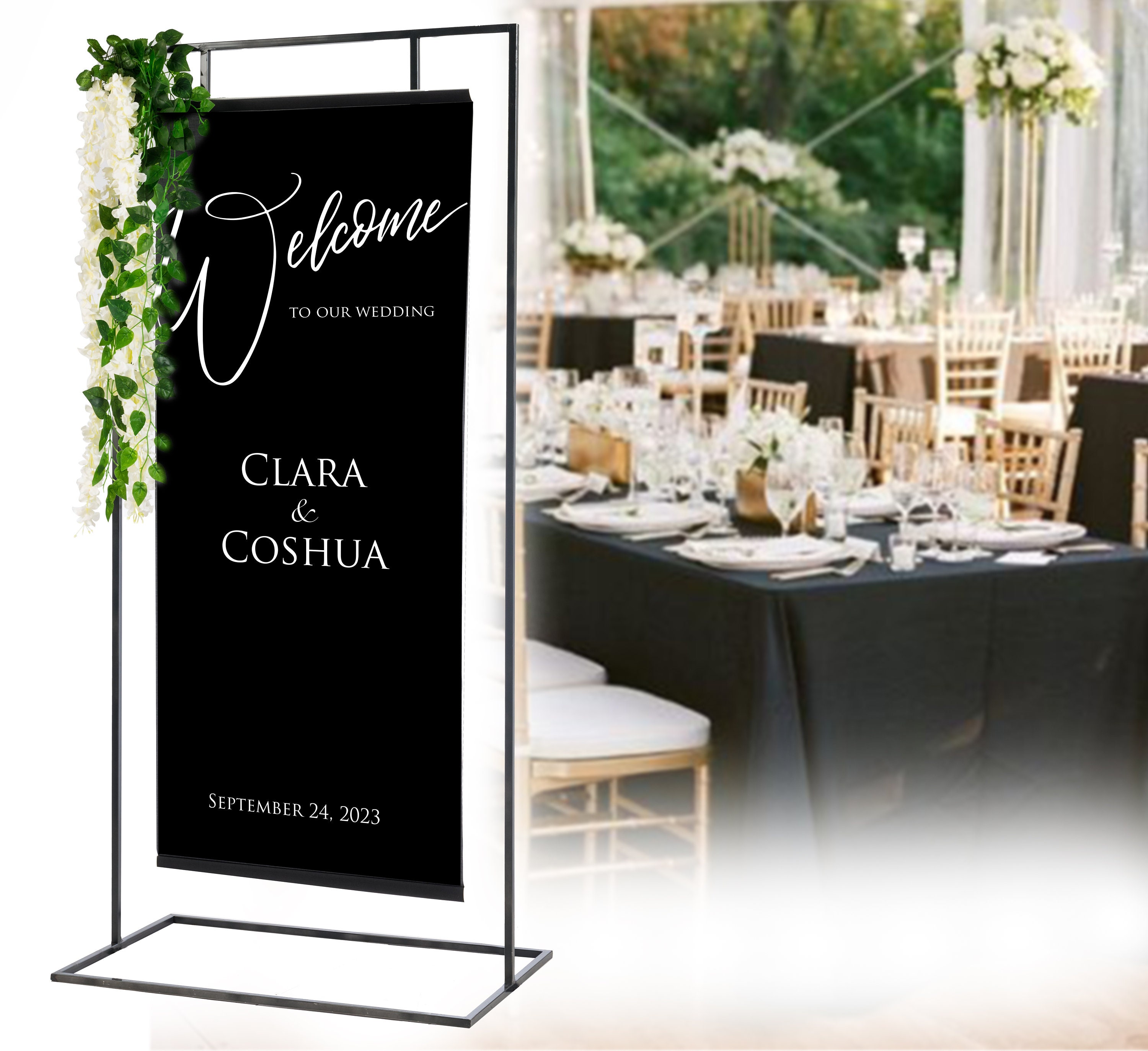White Curtain Wedding Welcome Sign With Stand Curtain Print - Etsy