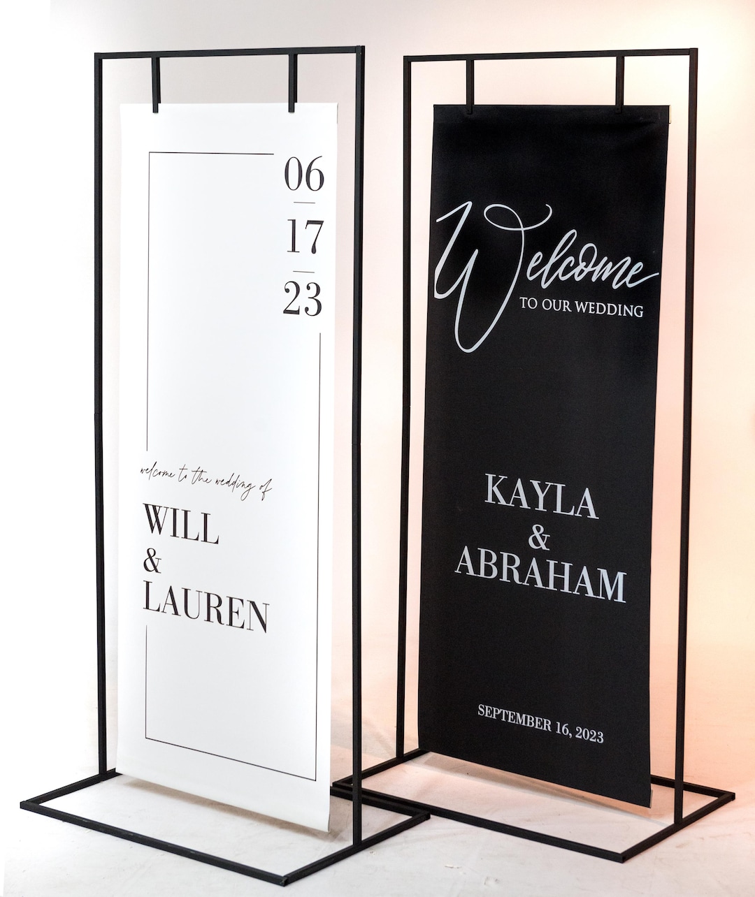 Black and White Wedding Welcome Sign With Stand, Curtain and Metal ...