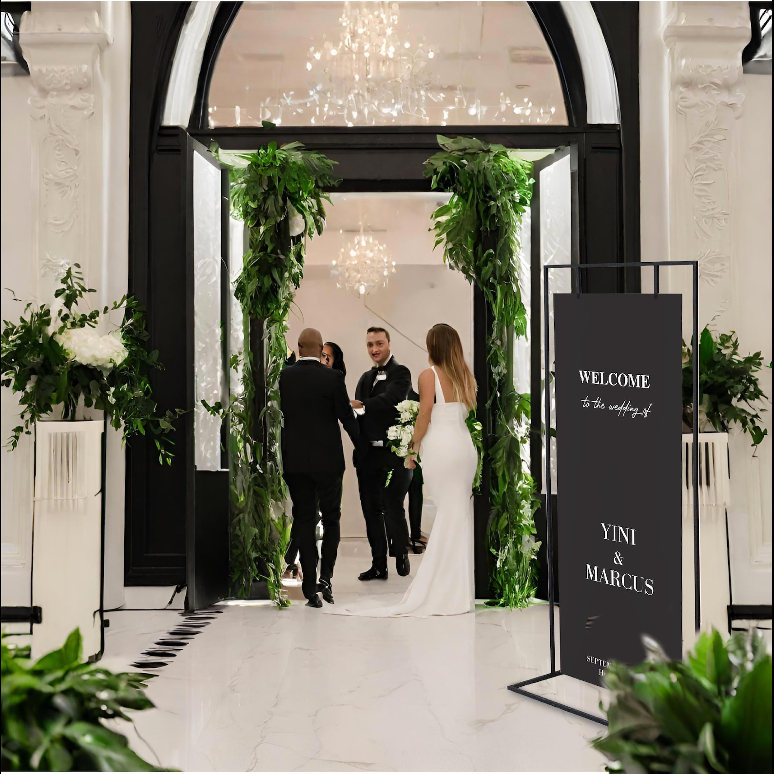Wedding Welcome Sign With Stand, Metal Stand, Black and White Curtain ...