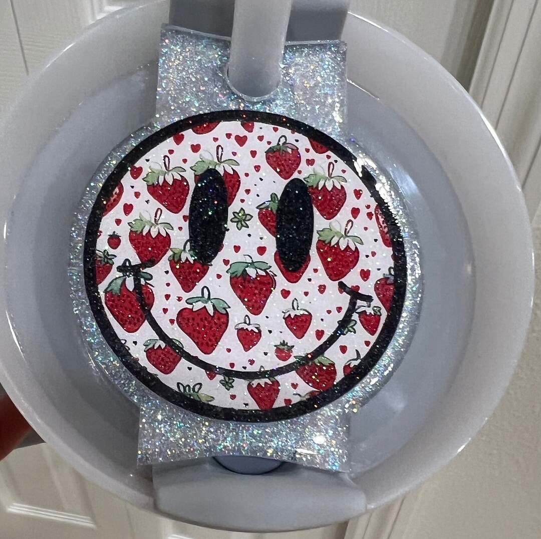 Strawberry Smiley Face Stanley Topper Tumbler Lid Name Tag strawberry ...