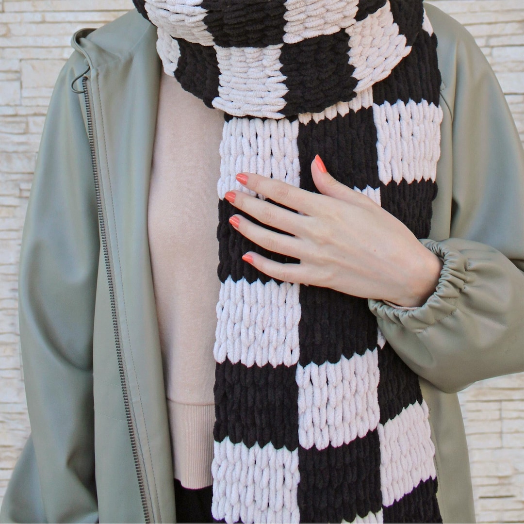 Checkerboard Knit Big Scarf, Checkered Chunky Scarf, Oversize Knit ...