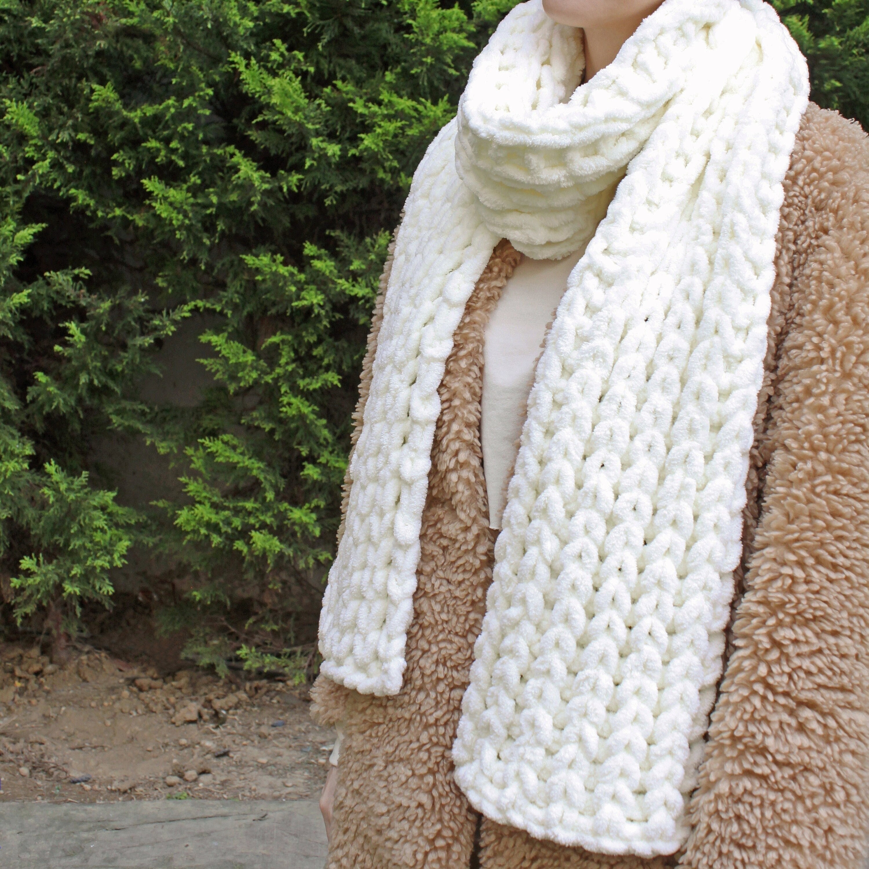 Super Soft Knit Scarf, Cream Bulky Scarf, Chenille Scarf, Cozy Knit Scarves, Hand Knitted Long ...