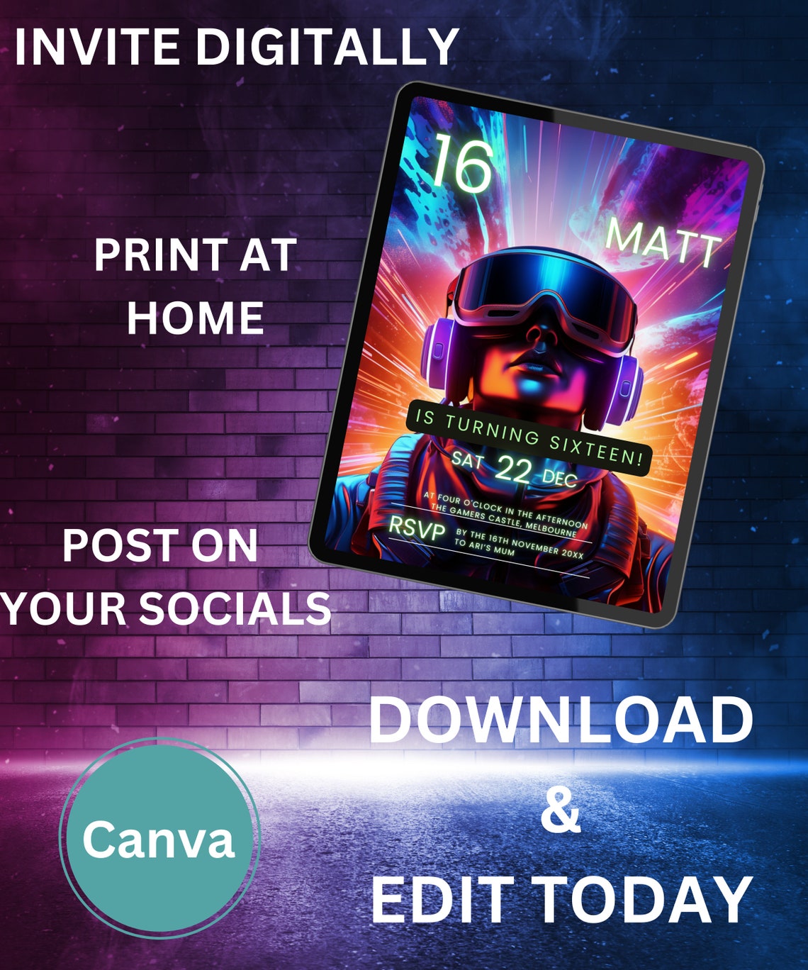 Video Game Invite | Instant Download Vr Invitations | Virtual Reality ...