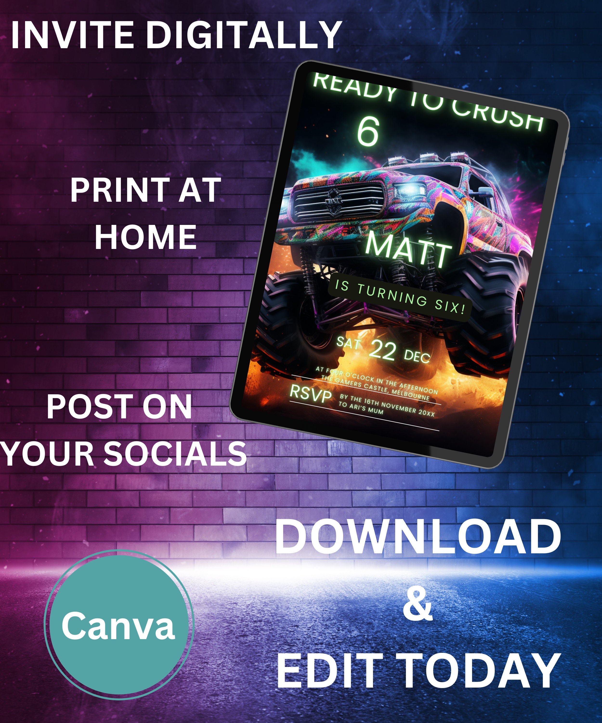 Monster Truck Birthday Party Invitation Digital Editable Printable ...