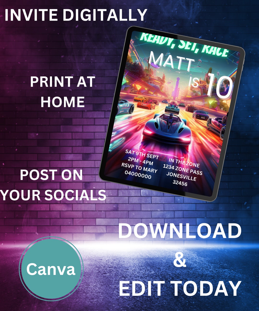 double-digits-10th-birthday-invitation-girl-invite-glow-etsy